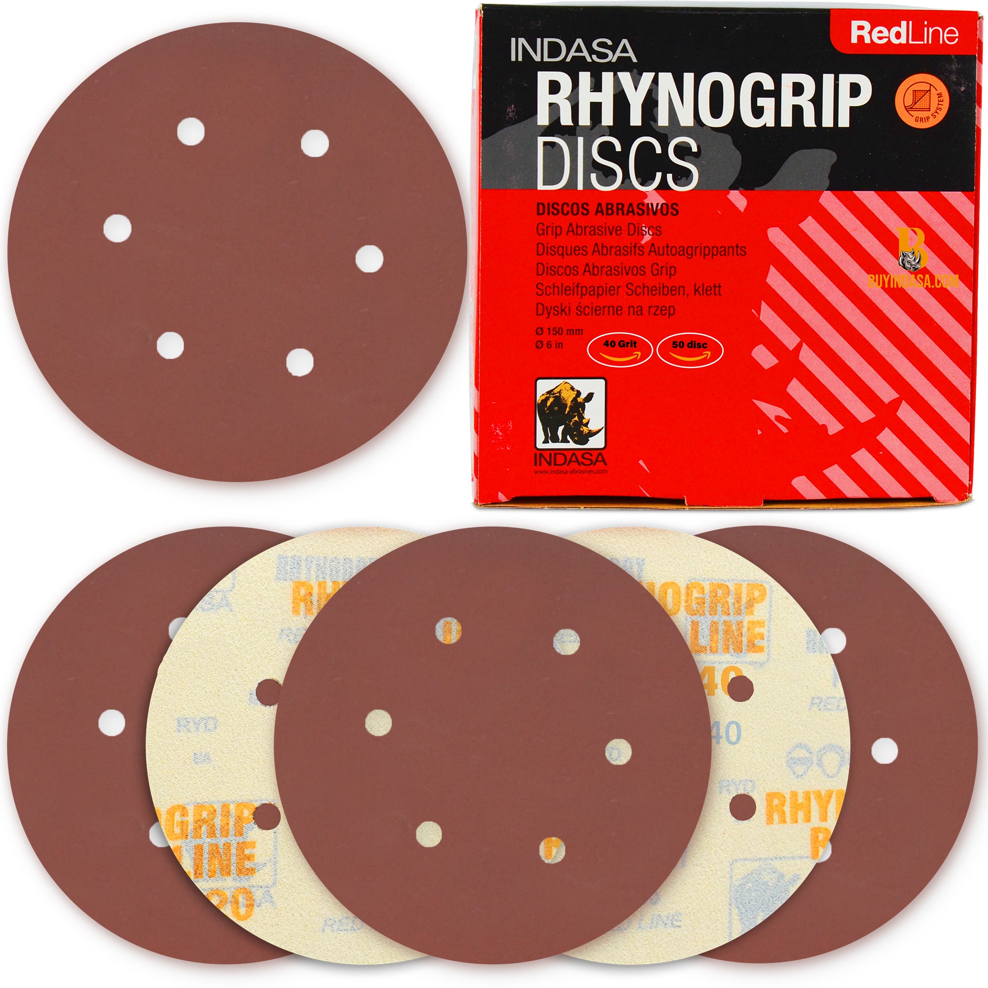 Buy Indasa Rhynogrip RedLine 6" 6-Hole Vacuum Sanding Discs, 630 Serie